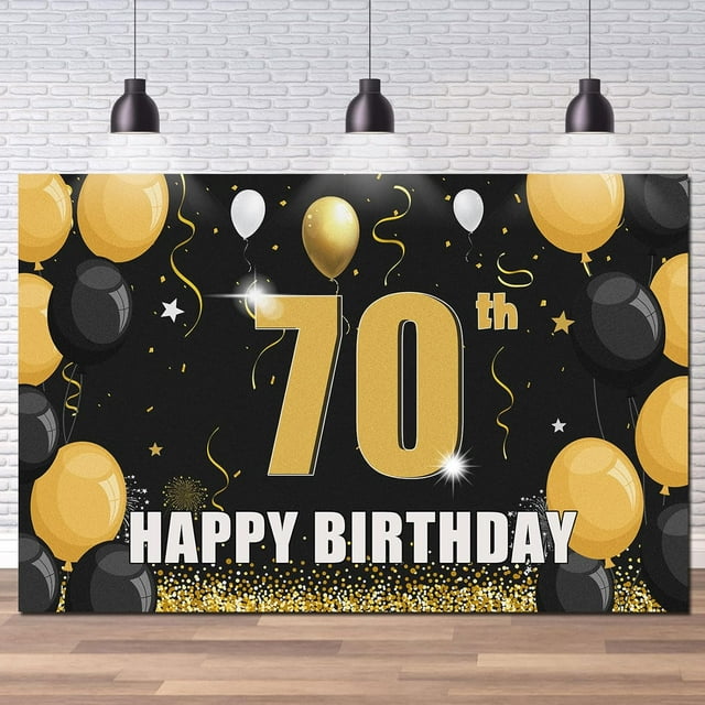Happy 70th Birthday Backdrop Banner Black and Gold 70th Birthday Poster ...