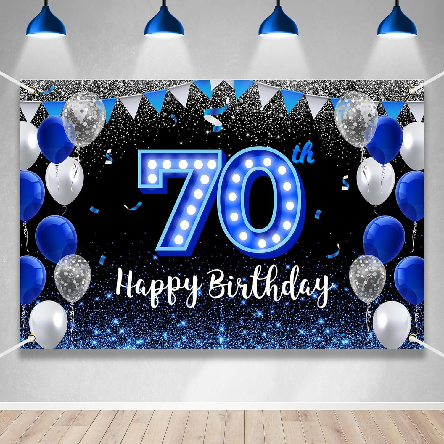 Happy 70th Birthday Backdrop Banner Blue Black Theme Background with ...
