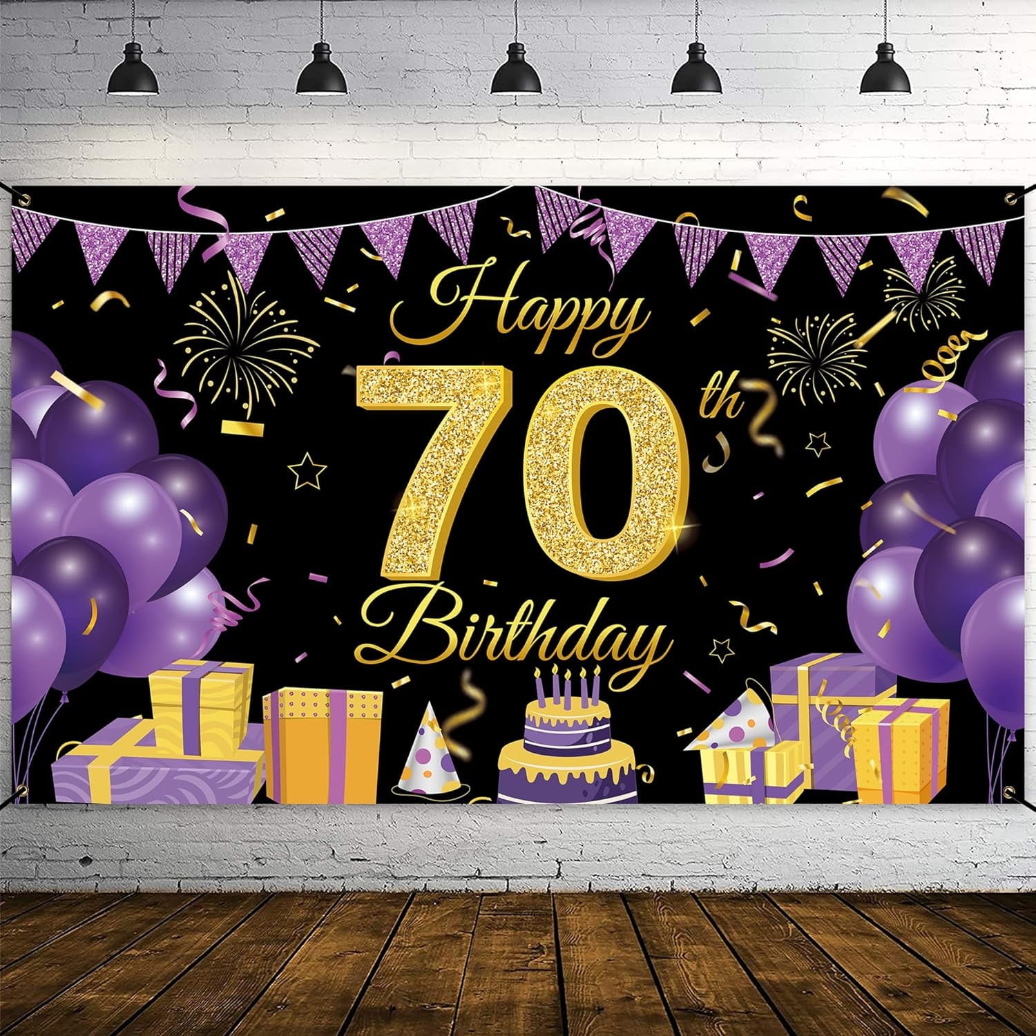 Happy 70th Birthday Backdrop Banner Purple Black 70th Birthday ...