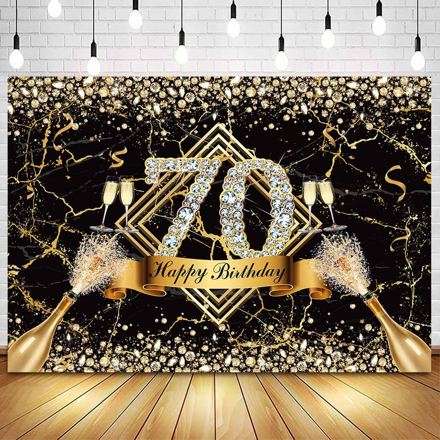 Happy 70th Birthday Backdrop Black Gold Marble Texture Glitter Diamond ...