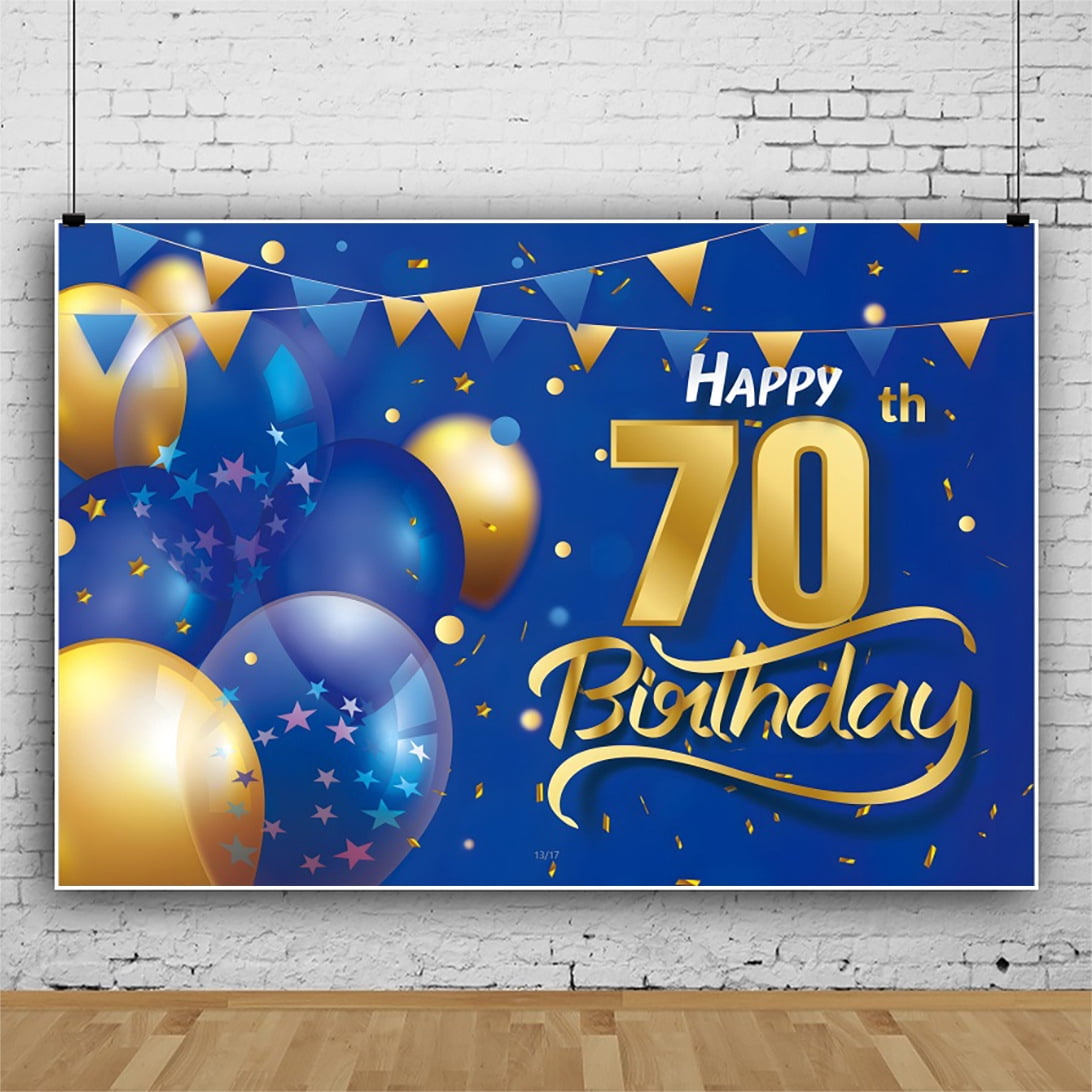 Happy 70th Birthday Backdrop Blue Gold Balloon Flag Photography ...