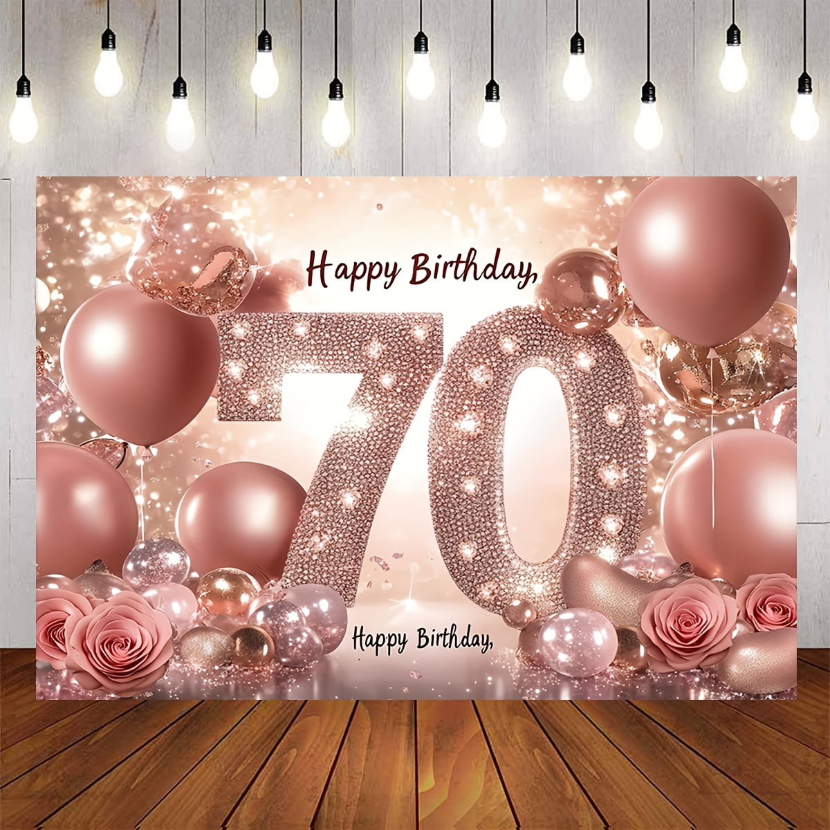 Happy 70th Birthday Backdrop Glitter Pink Golden Balloons Roses Cheers ...