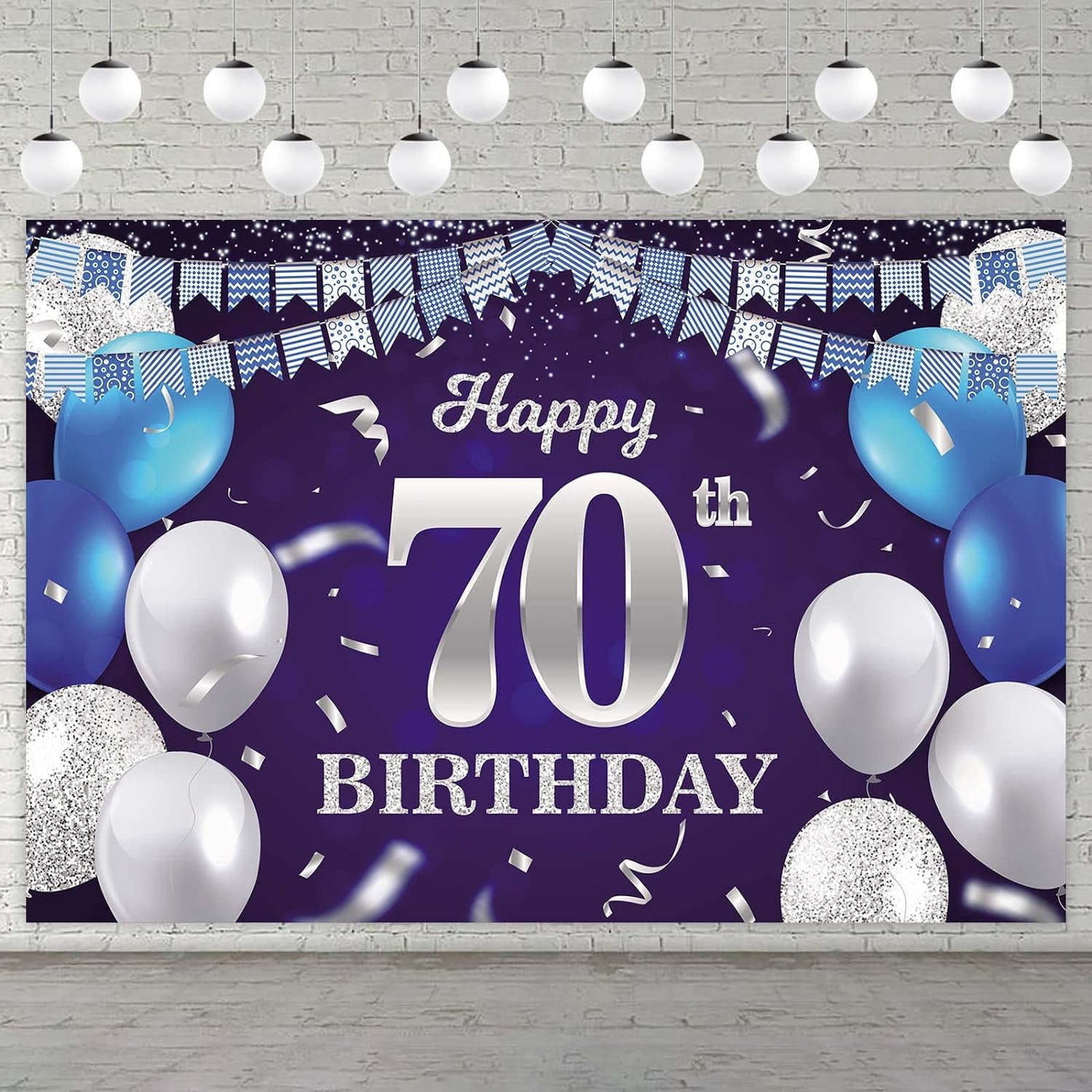 Happy 70th Birthday Banner Backdrop Blue Balloons Confetti Stripe Flag ...