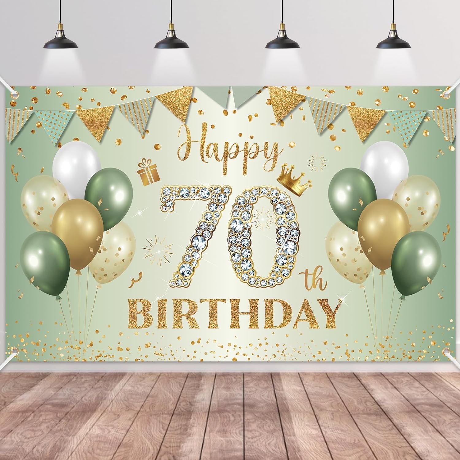 Happy 70th Birthday Banner Sage Green Gold, 70th Birthday Backdrop for ...