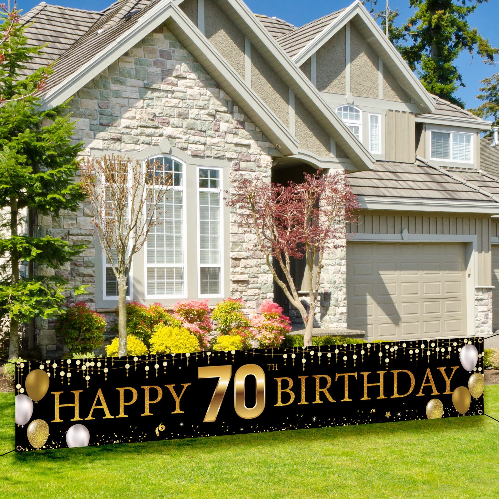 Happy 70th Birthday Decorations Banner Black and Gold Happy 70th ...