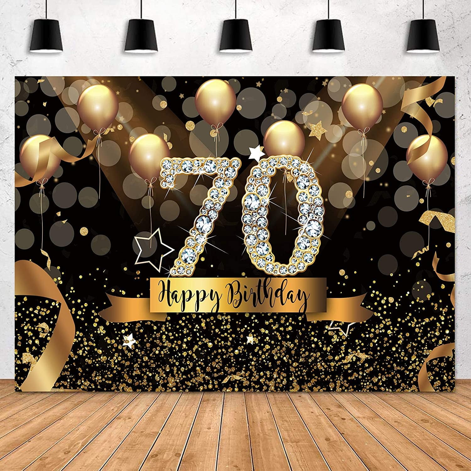 Happy 70th Birthday Party Photography Backdrop Black and Gold Balloons ...