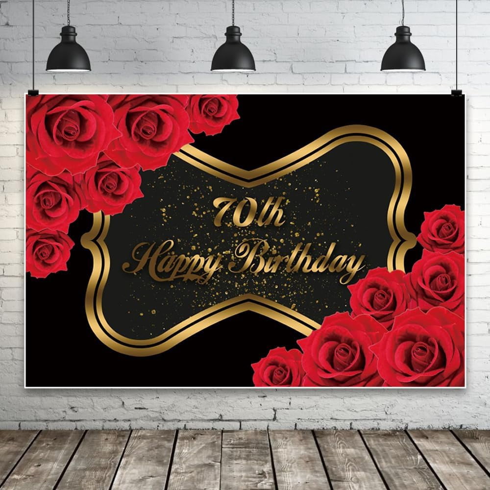 Happy 70th Birthday Pretty Backdrop Red Rose Floral Print Black Gold ...
