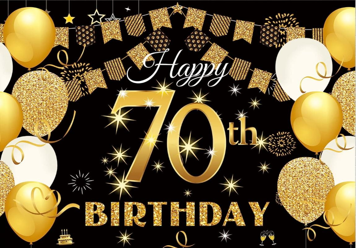 Happy 70th Birthday ration Backdrop Banner Black Gold Sign Poster ...