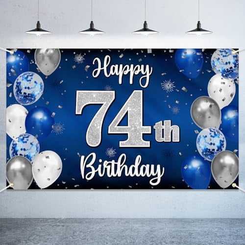 Happy 74th Birthday Decorations,74th Blue & Silver Balloon Large ...