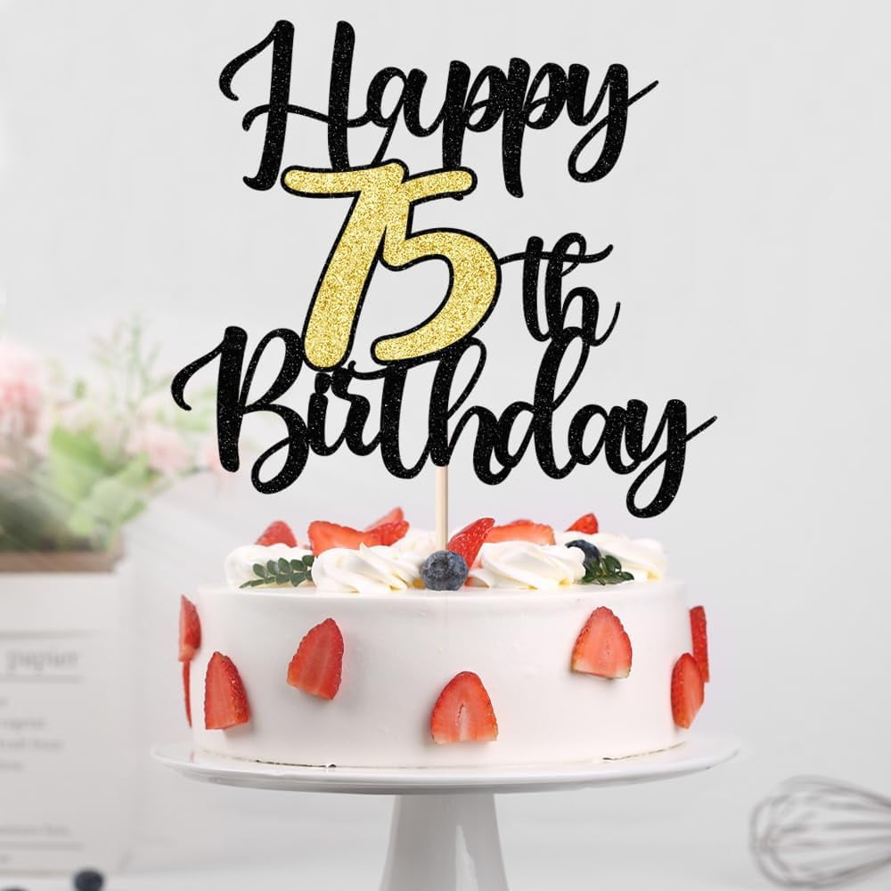 Happy 75Th Birthday Cake Topper Black Gold Glitter Happy Birthday Cake ...