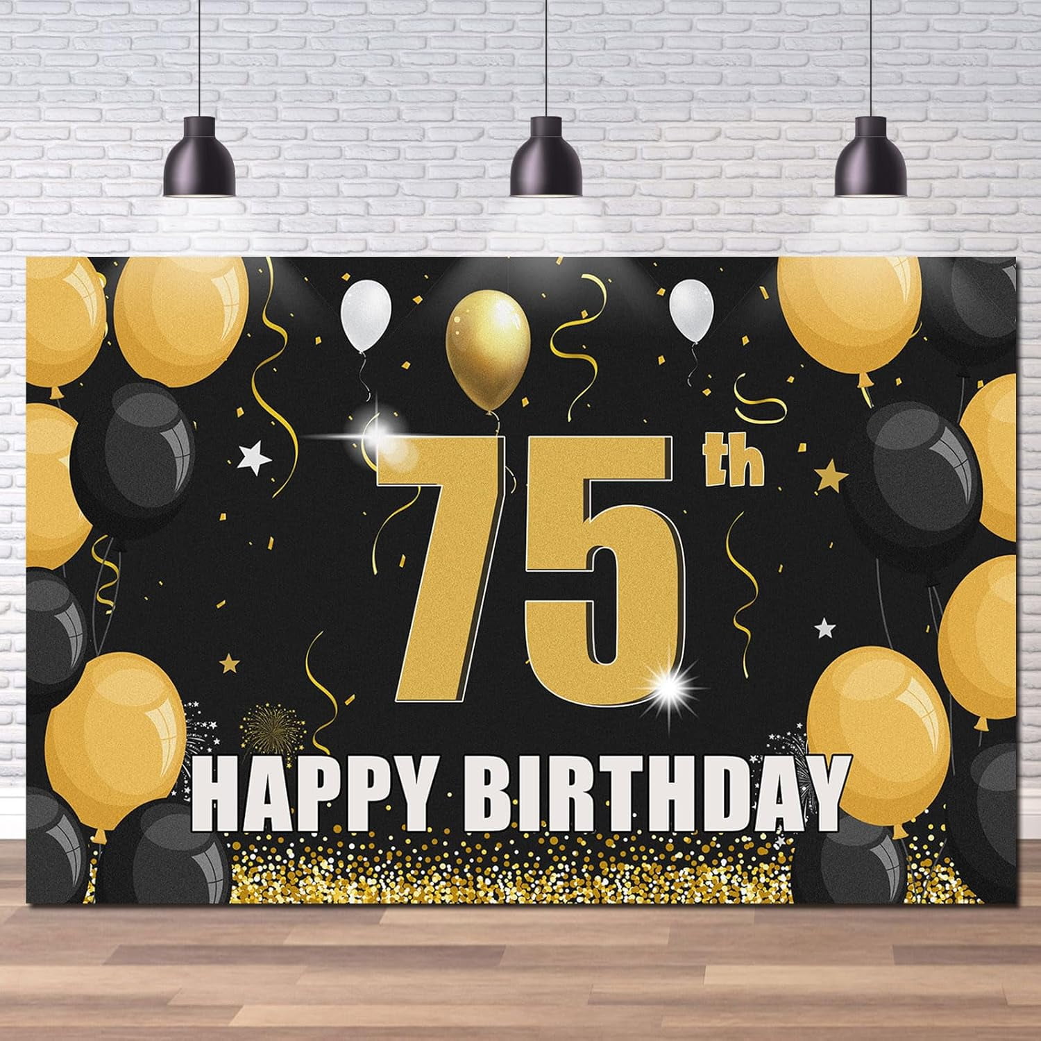 Happy 75th Birthday Backdrop Banner Black and Gold 75th Birthday Poster ...