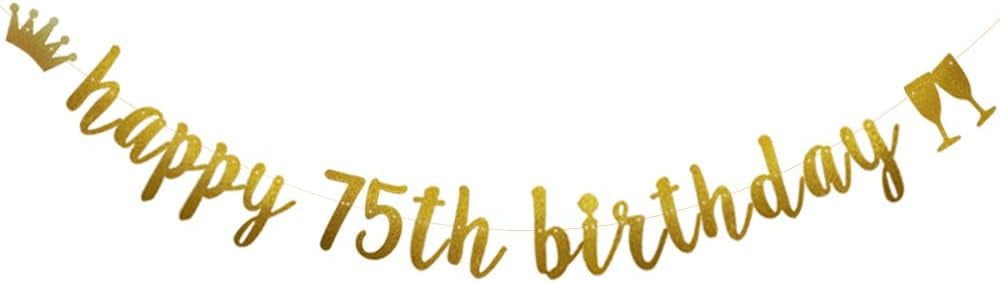 Happy 75th Birthday Banner, Pre-Strung, Black Glitter Paper Banner for ...