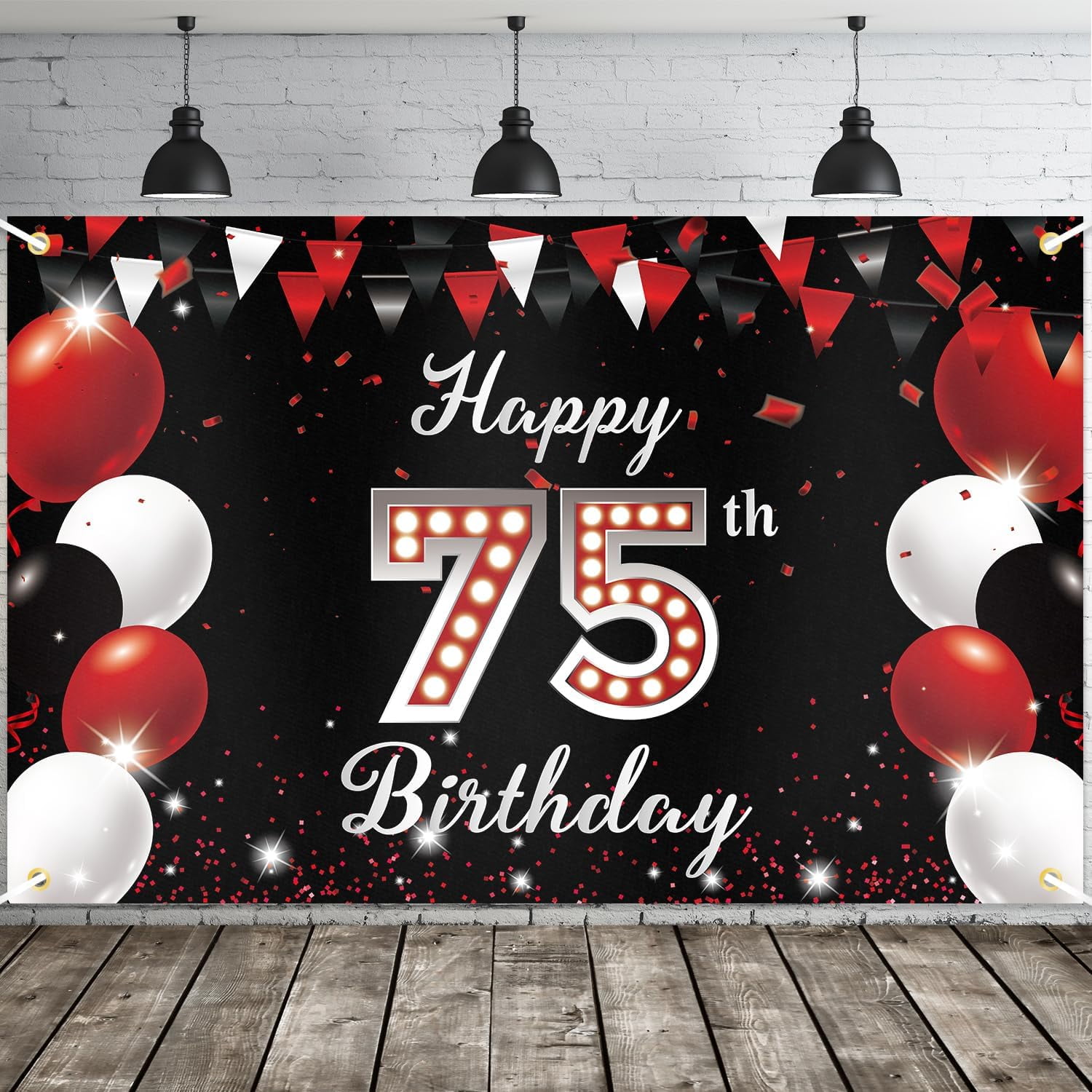 Happy 75th Birthday Banner, Red Black Happy 75th Birthday Party ...