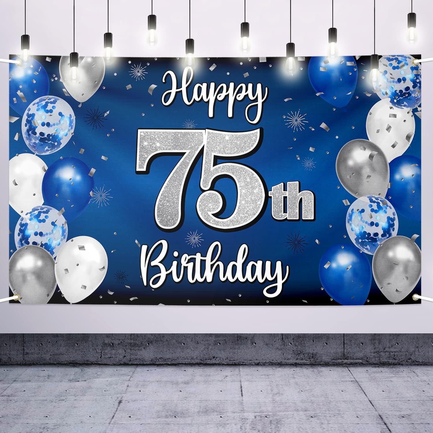 Happy 75th Birthday Decoration Banner,75th Blue & Silver Balloon Large ...