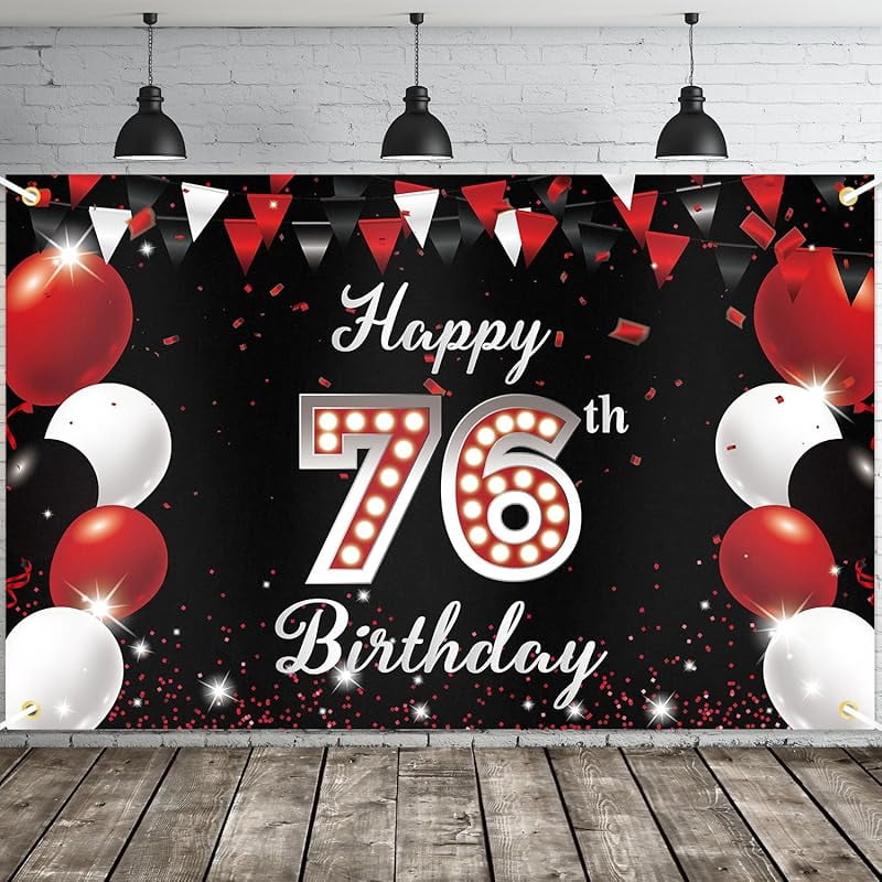 Happy 76th Birthday Banner Backdrop, Red Black Happy Birthday ...