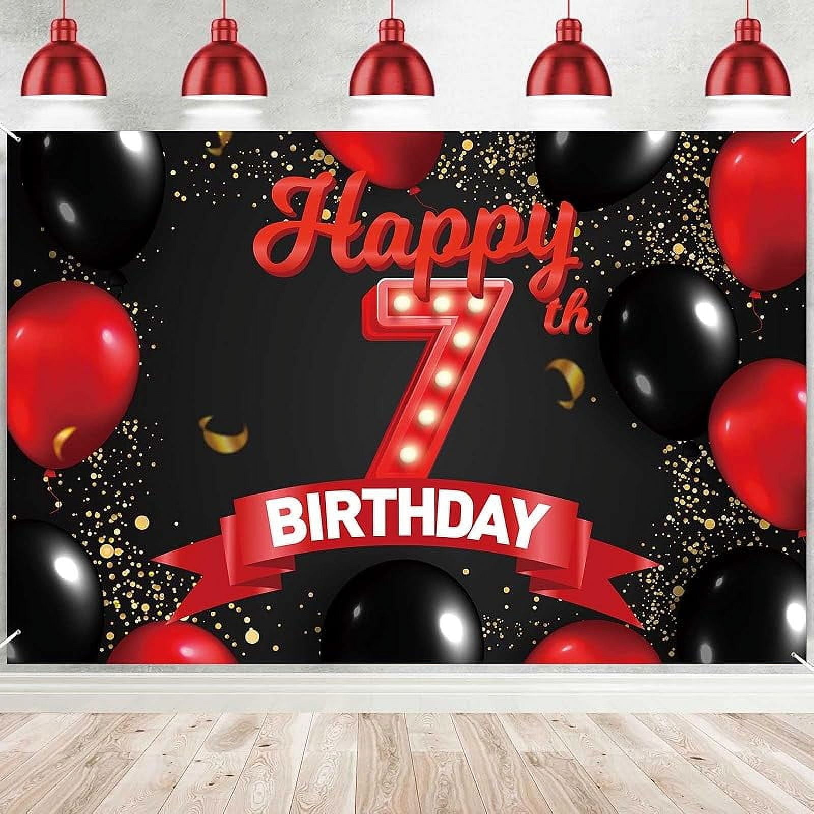 Happy 7th Birthday Red and Black Banner Backdrop Decorations Balloons ...