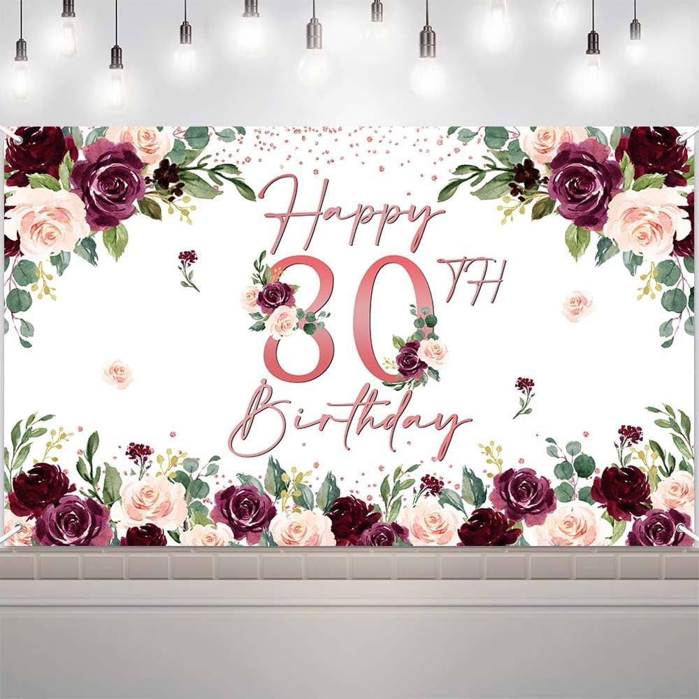 Happy 80th Birthday Backdrop Banner Burgundy Pink Rose Floral Eighty ...