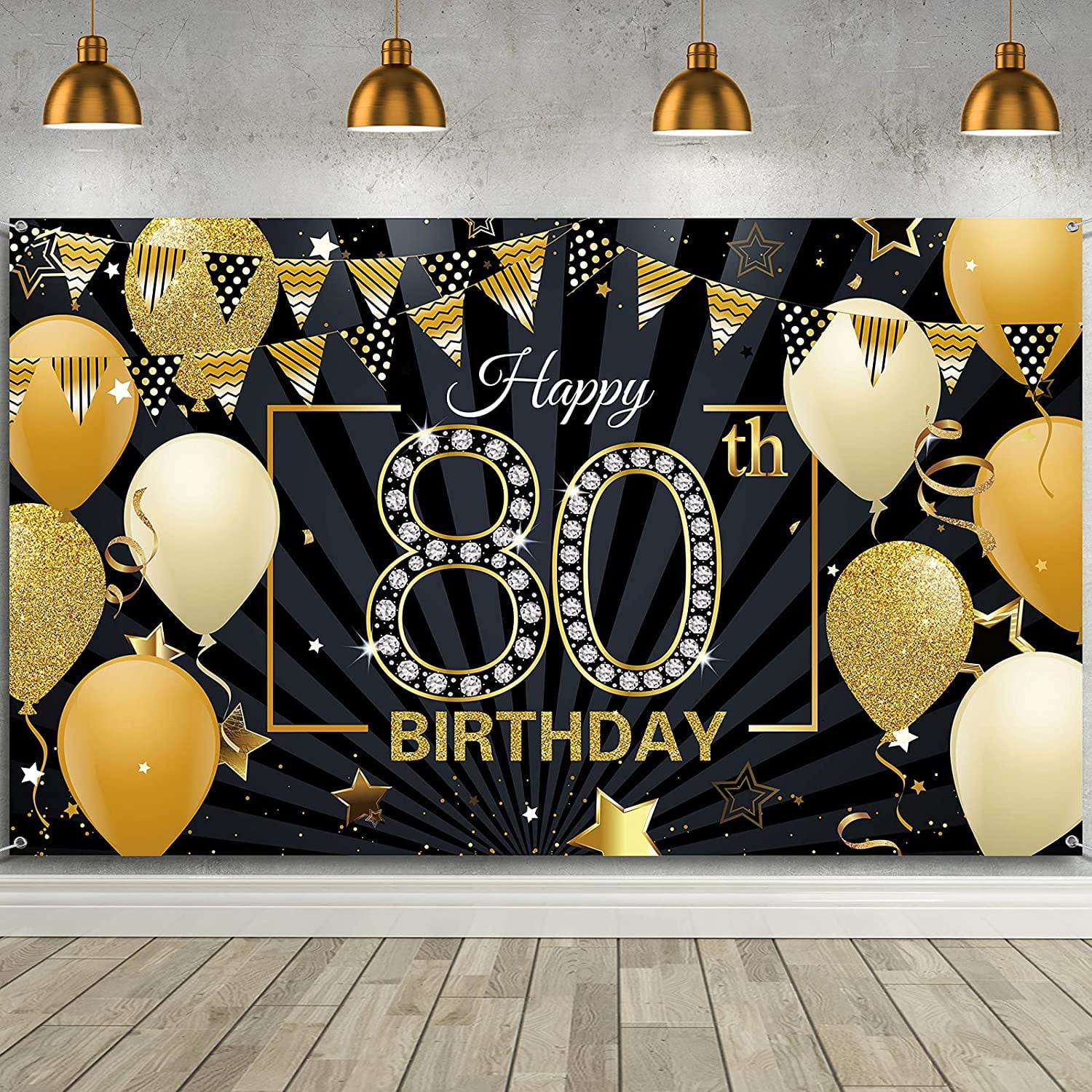 Happy 80th Birthday Backdrop Banner Large Black and Gold 80th Birthday ...