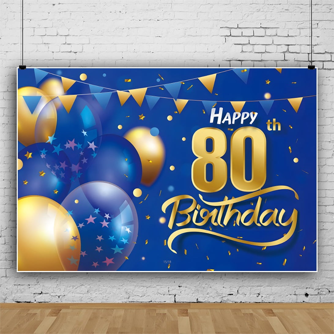 Happy 80th Birthday Backdrop Blue Gold Balloon Flag Photography Background Glitter Dots Ribbon ...