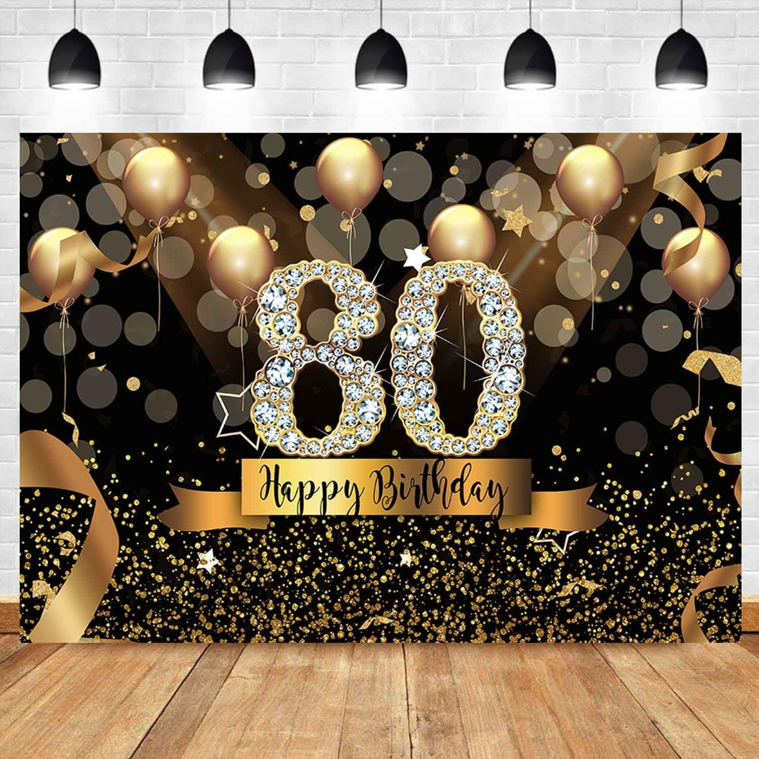 Happy 80th Birthday Backdrop for Men Women Glitter Black and Gold ...