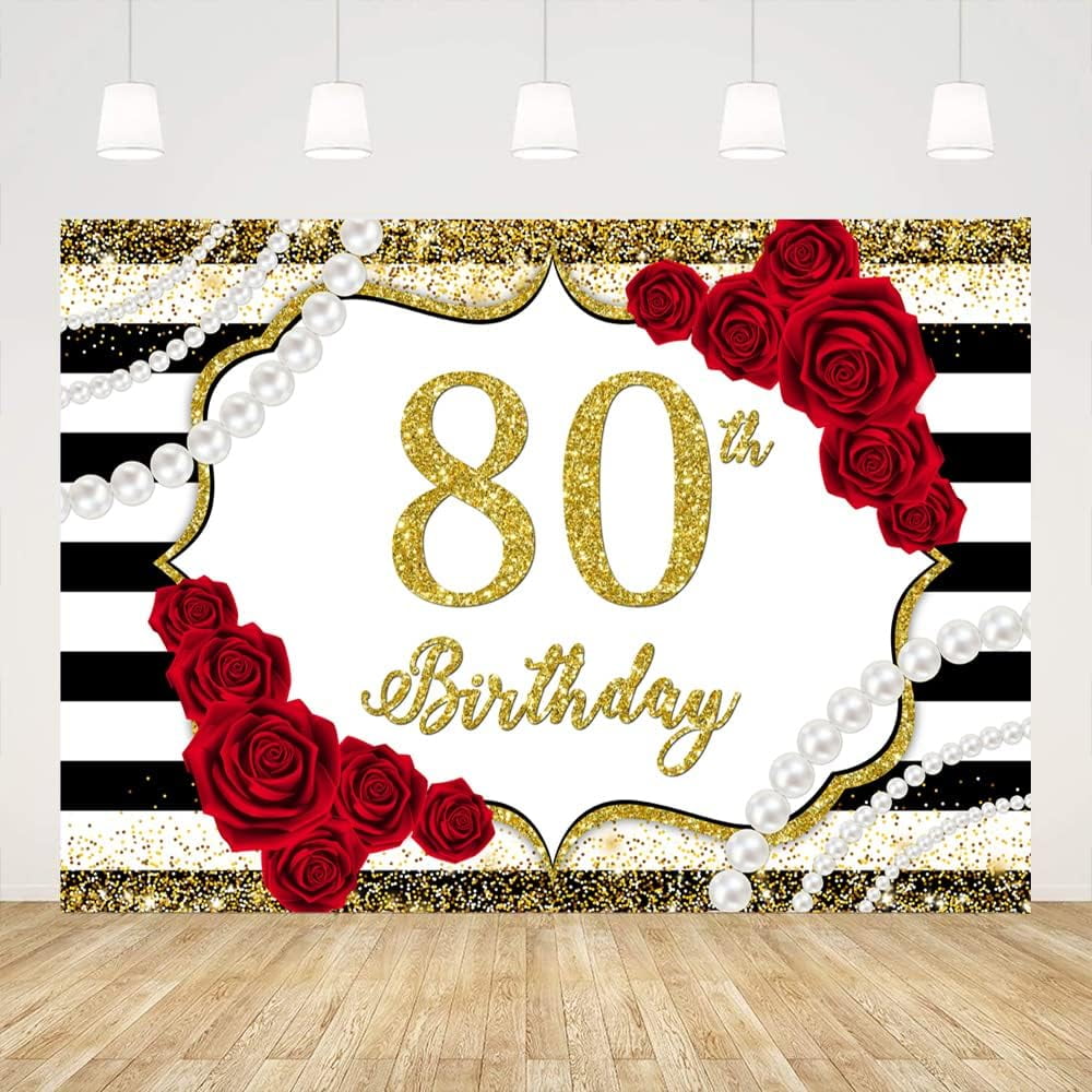 Happy 80th Birthday Backdrop for Party Black and White Striped Pearls ...