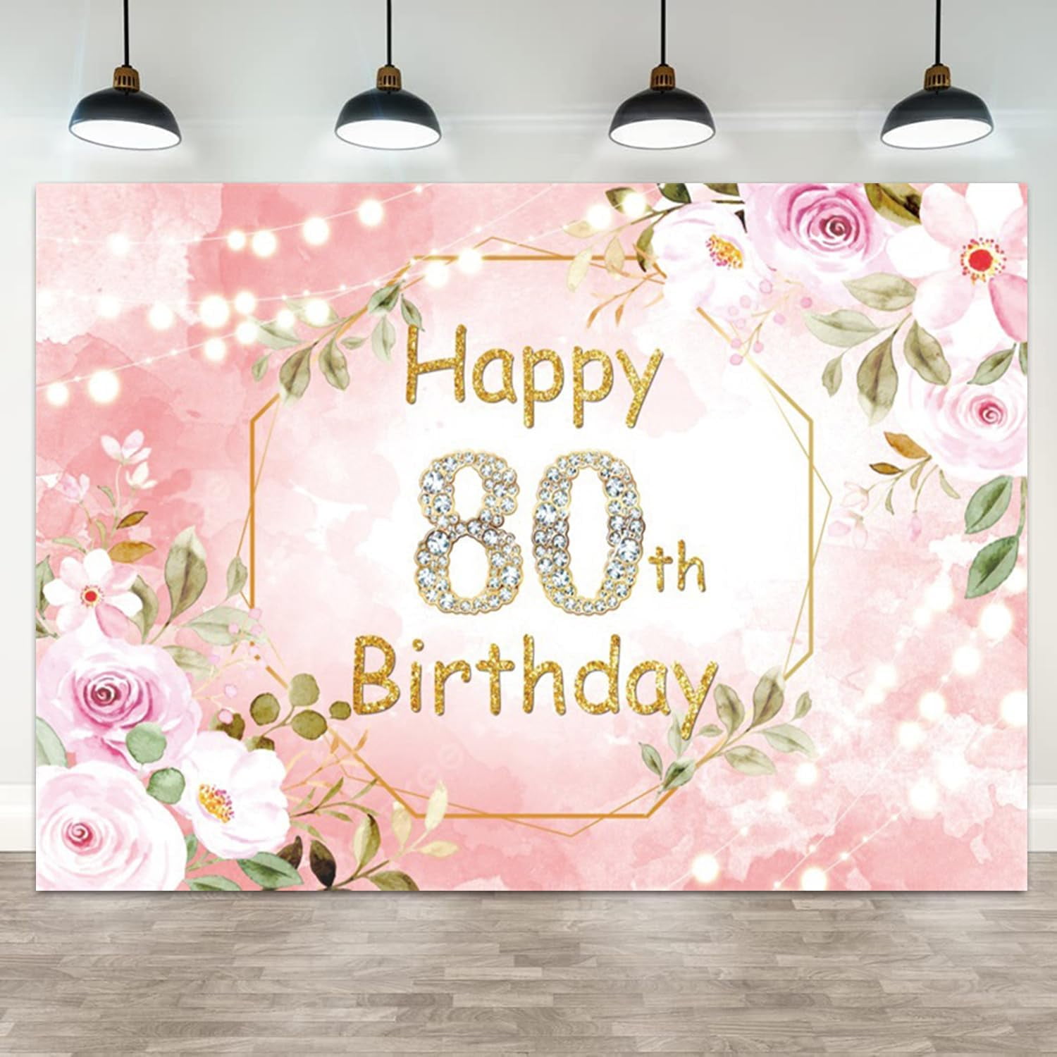 Happy 80th Birthday Backdrop Pink Watercolor Floral Gold Geometric Photography Background Women ...