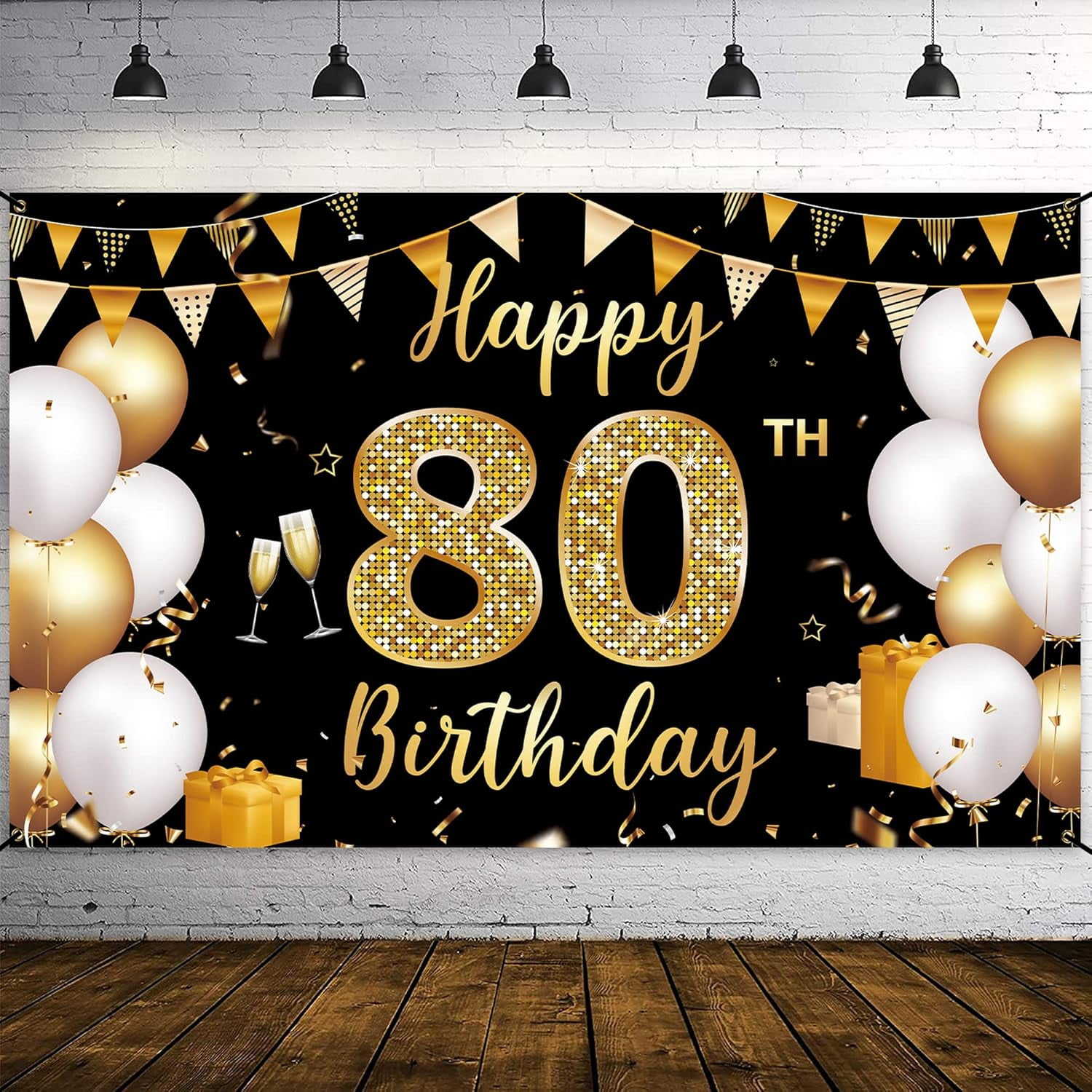 Happy 80th Birthday Banner Black and Gold 80th Birthday Party ...