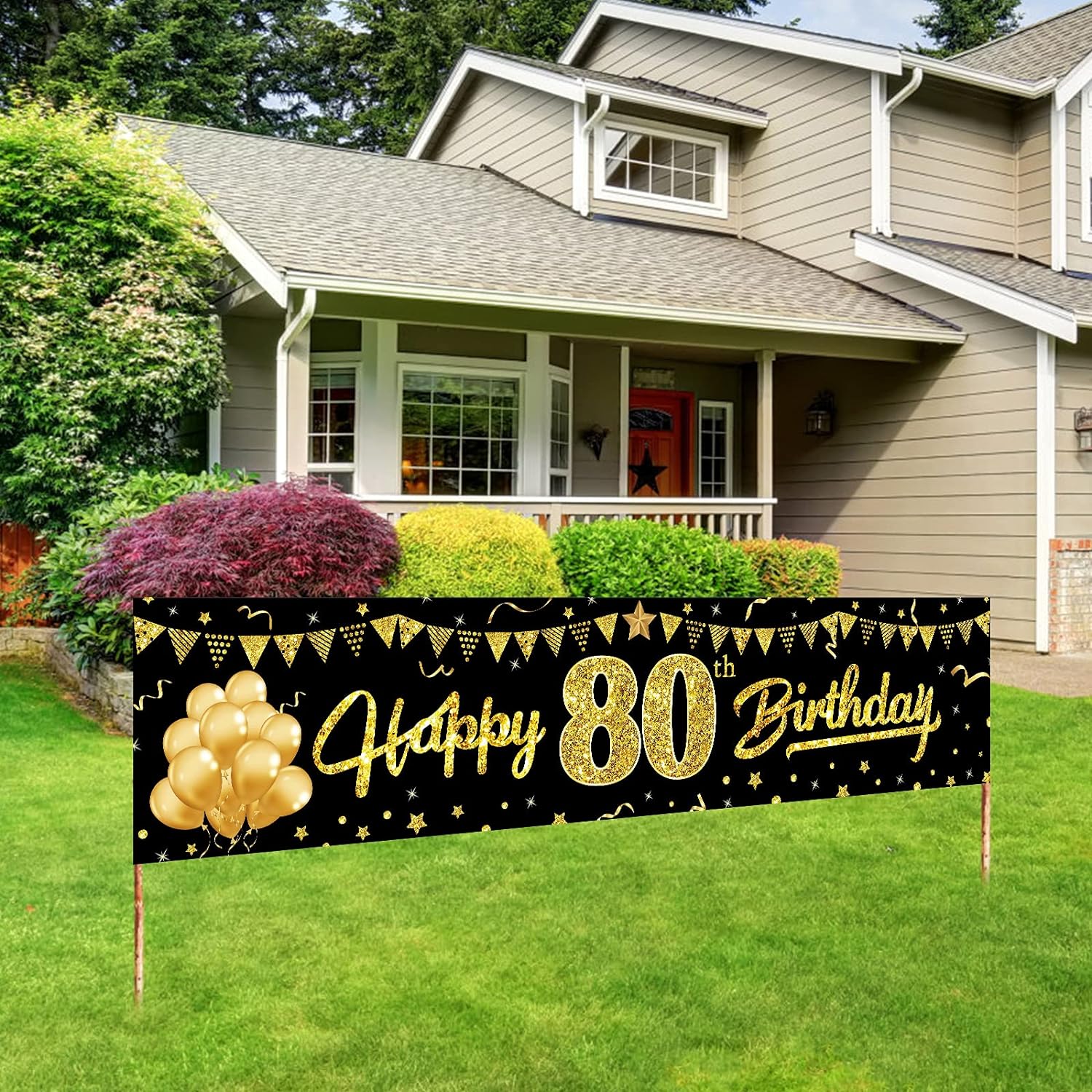Happy 80th Birthday Banner Decorations for Women Men, Black Gold 80 ...