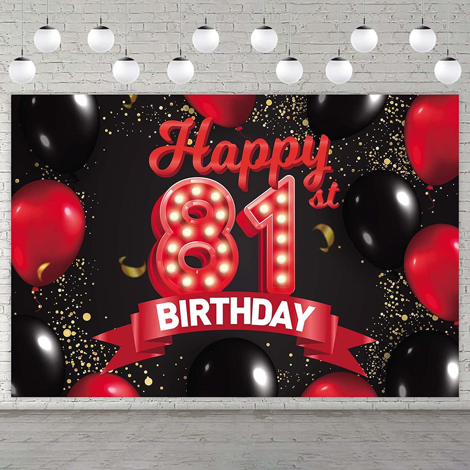 Happy 81st Birthday Red and Black Banner Backdrop Decorations Balloons ...