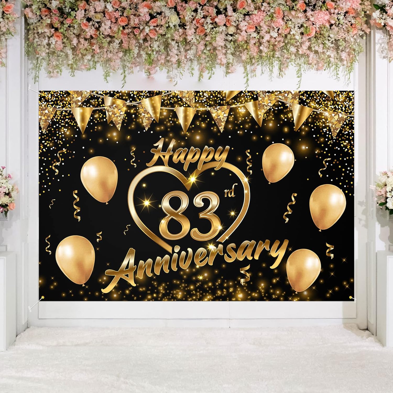 Happy 83rd Anniversary Backdrop Banner Decor Black Gold Love Heart ...