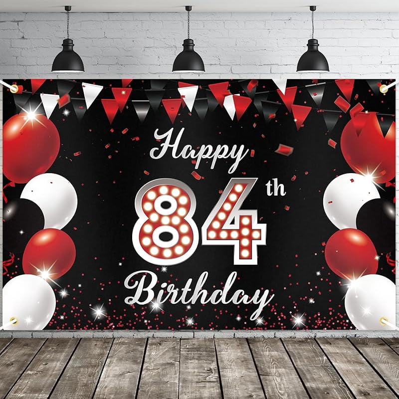 Happy 84th Birthday Banner Backdrop, Red Black Happy Birthday ...