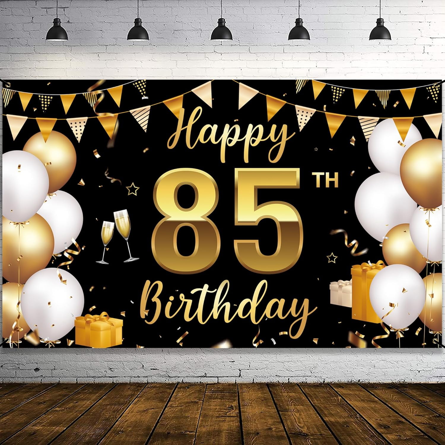 Happy 85th Birthday Banner Black and Gold 85th Birthday Party ...