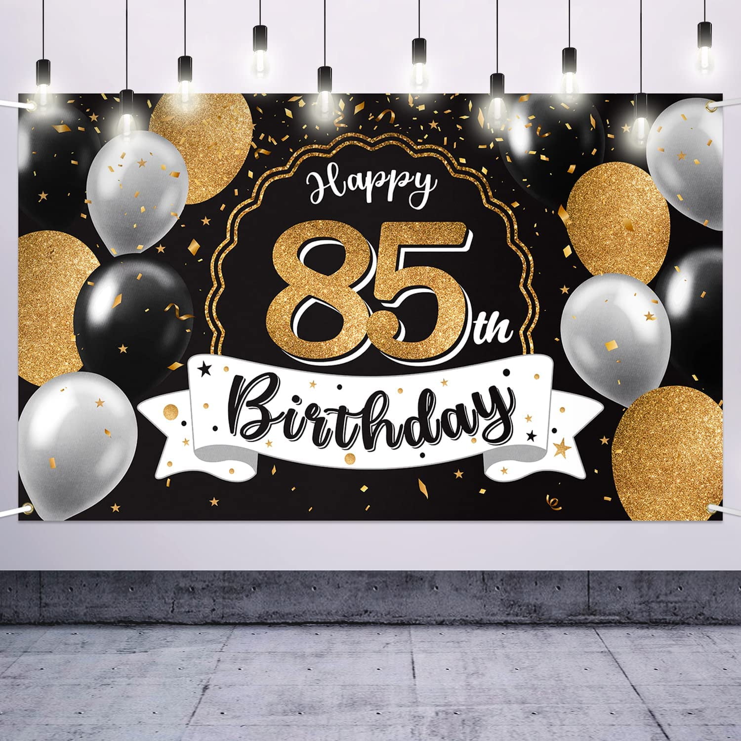 Happy 85th Birthday Decoration Banner,85th Black & Gold Balloon Large ...