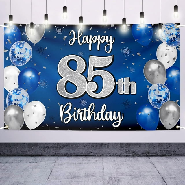 Happy 85th Birthday Decorations,85th Blue & Silver Balloon Large Birthday Banner Backdrop ...