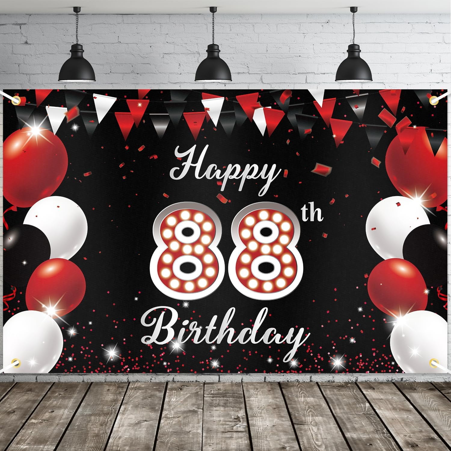 Happy 88th Birthday Banner, Red Black Happy 88th Birthday Party ...