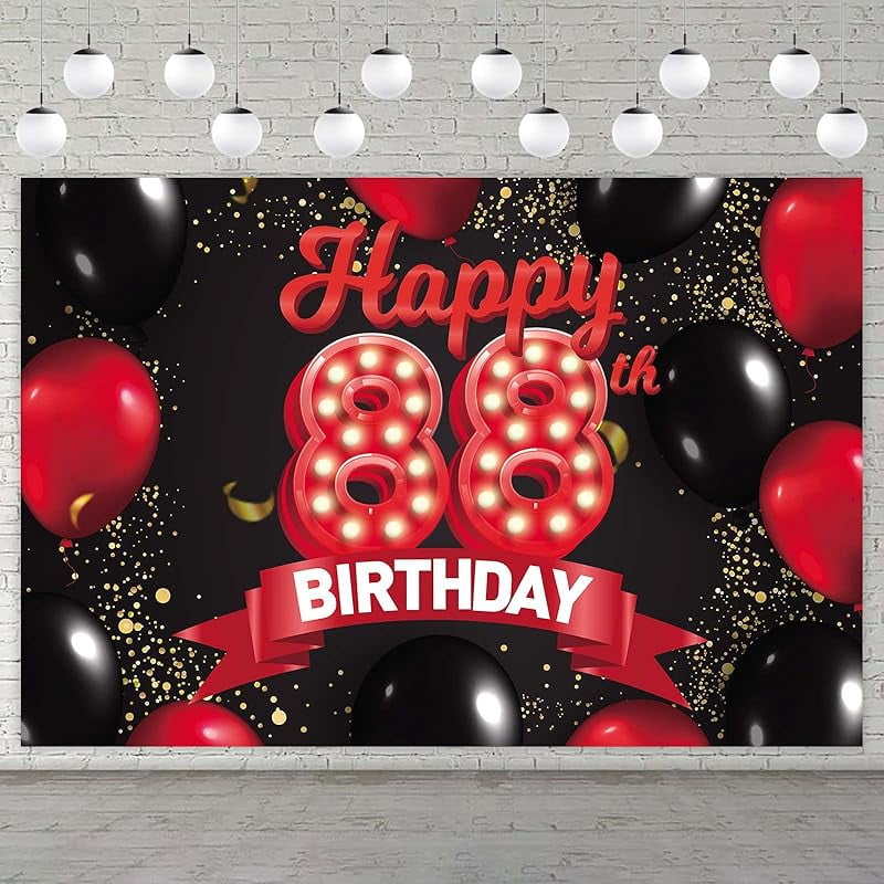 Happy 88th Birthday Red and Black Banner Backdrop Decorations Balloons ...