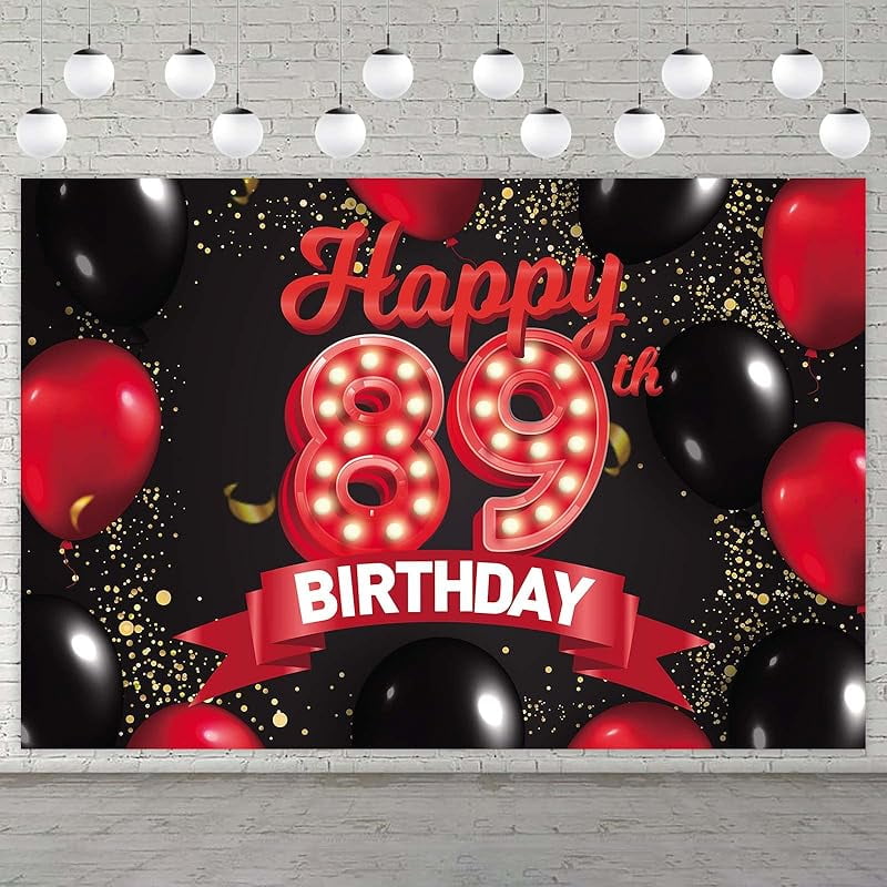 Happy 89th Birthday Red and Black Banner Backdrop Decorations Balloons ...