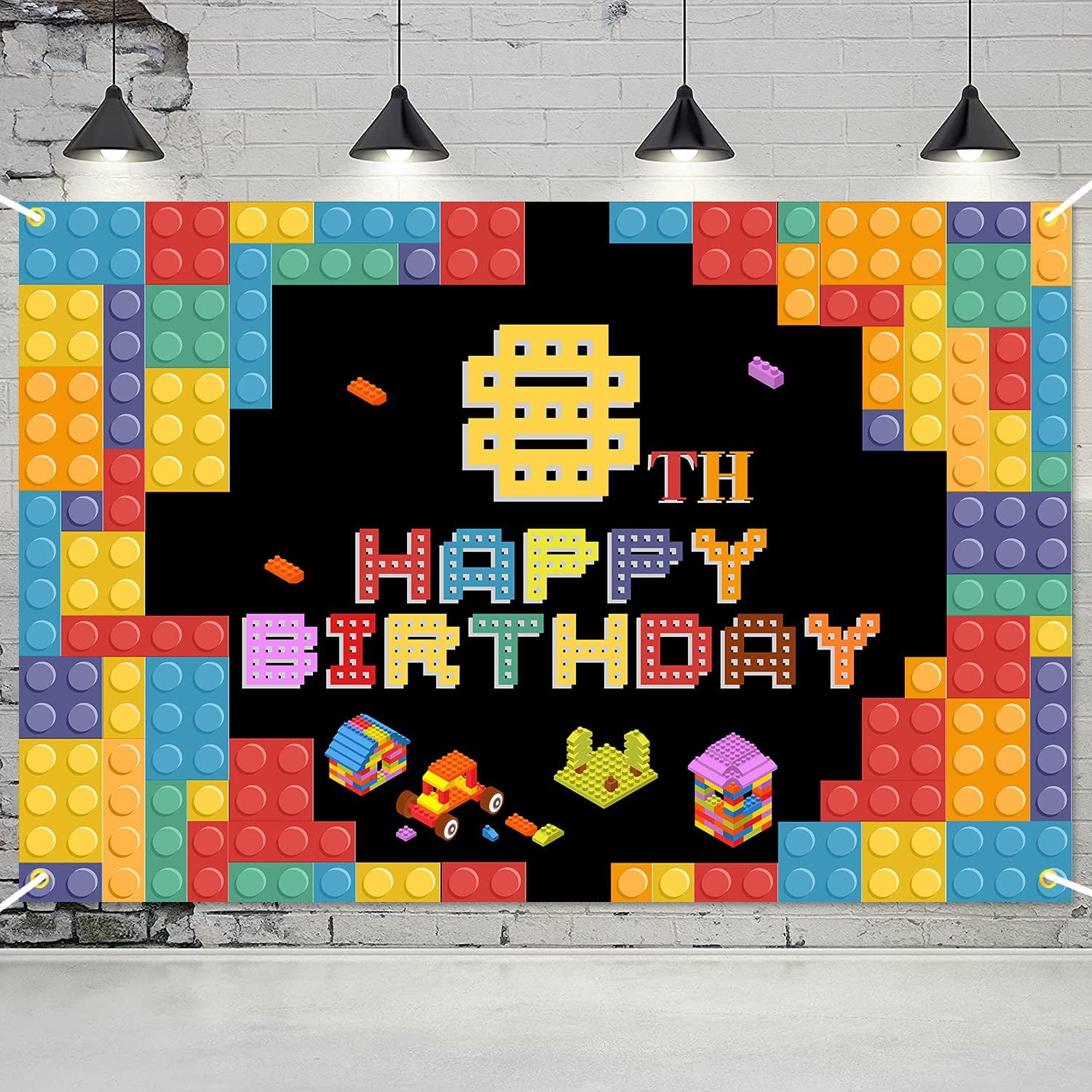 Happy 8th Birthday Banner Backdrop Colorful Building Blocks Theme ...