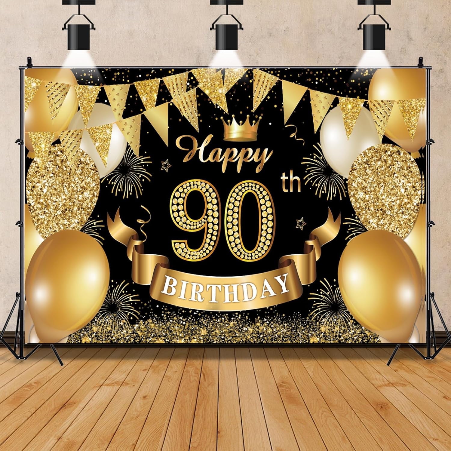 Happy 90th Birthday Backdrop Banner,90 Years Old Birthday Decorations Party Supplies Black and ...