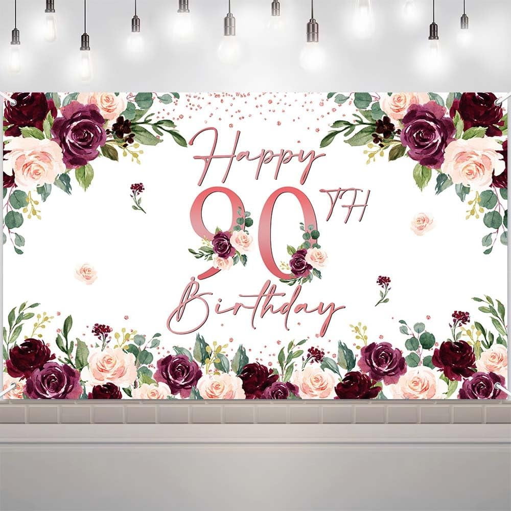Happy 90th Birthday Backdrop Banner Burgundy Pink Rose Floral Ninety ...