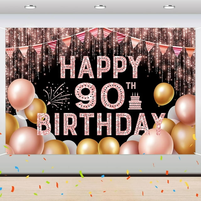 Happy 90th Birthday Backdrop Banner - Women 90 Years Old Birthday Party ...