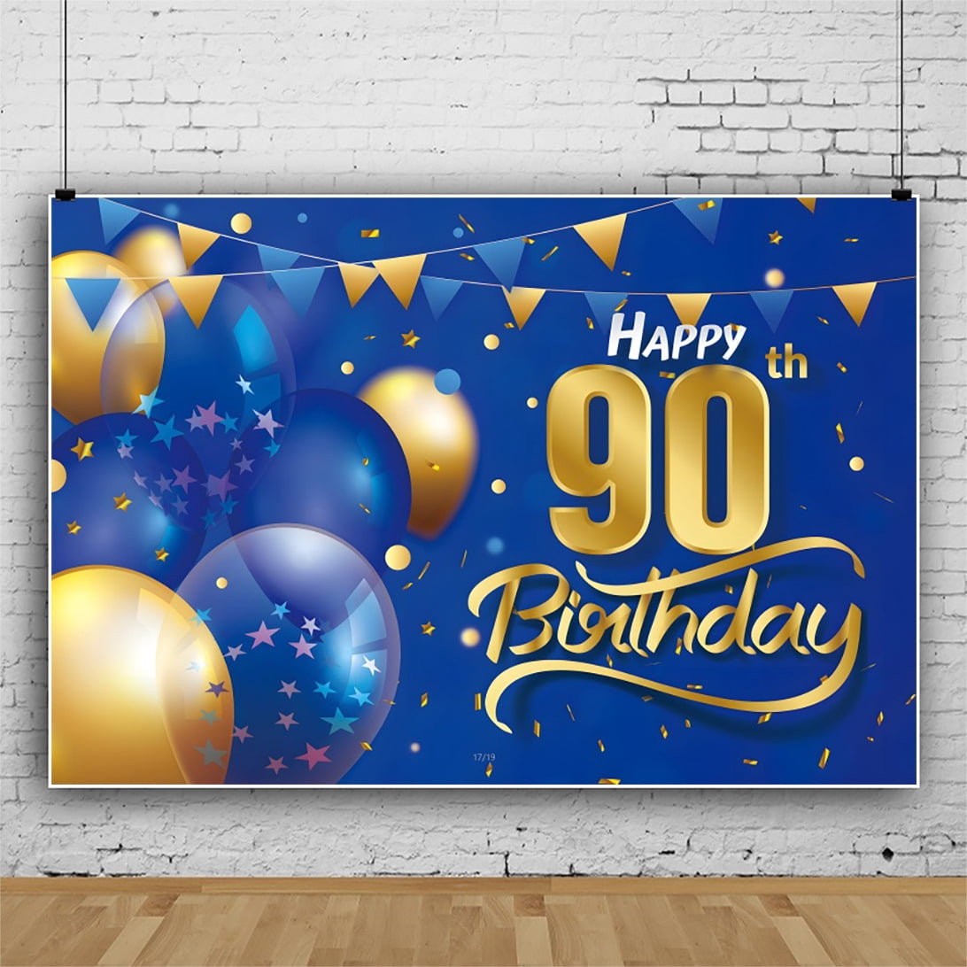 Happy 90th Birthday Backdrop Blue Gold Balloon Flag Photography ...