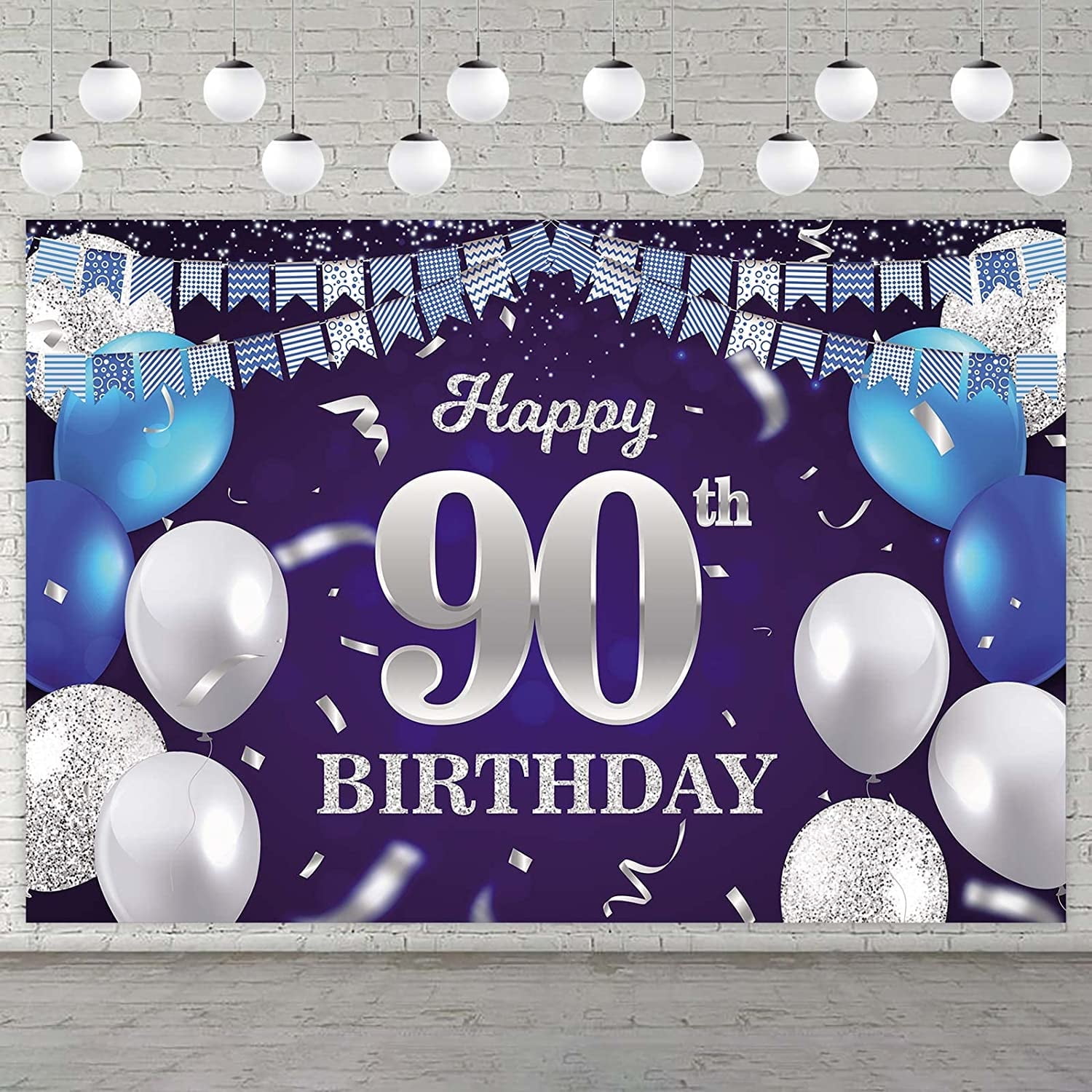 Happy 90th Birthday Banner Backdrop Blue Balloons Confetti Stripe Flag ...