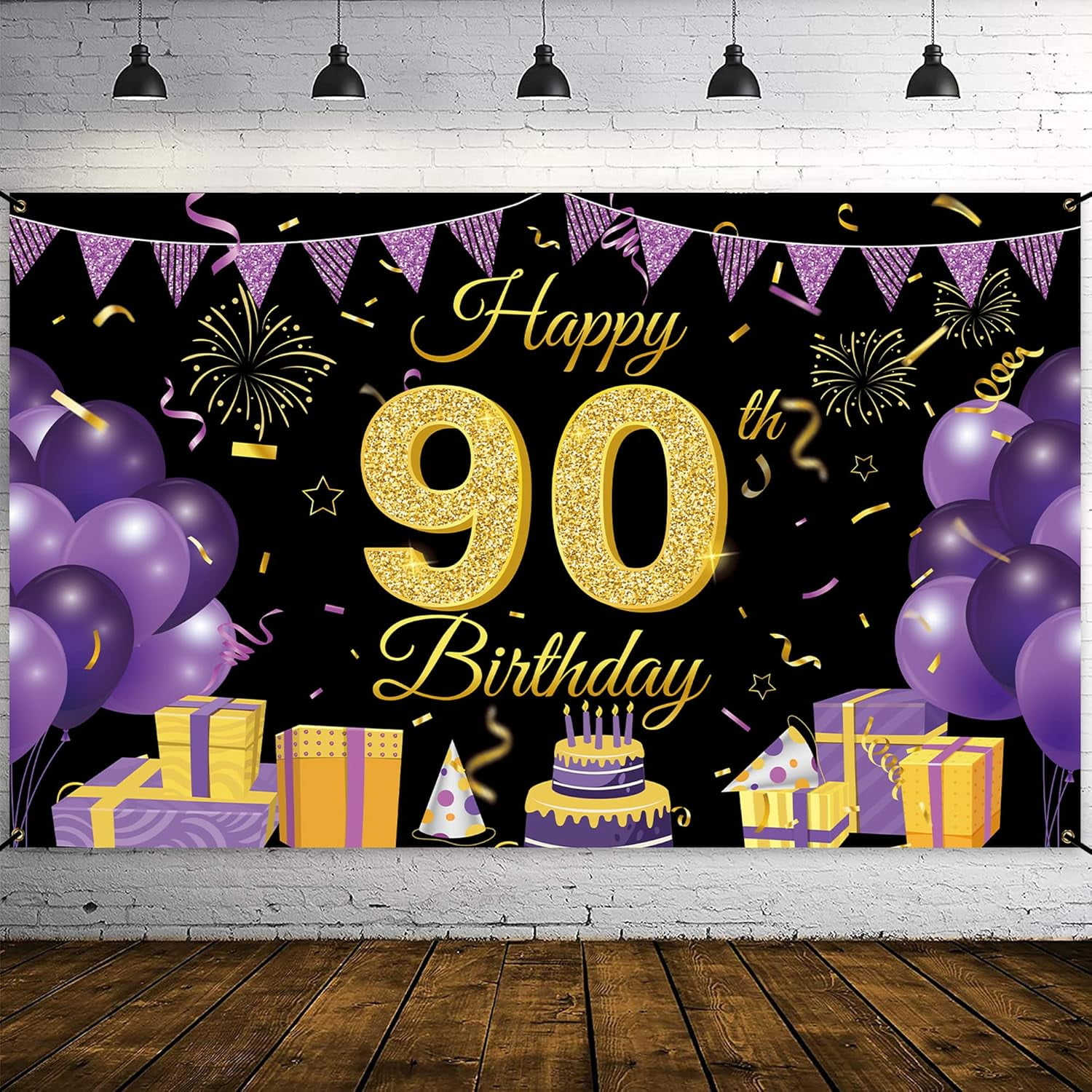 Happy 90th Birthday Banner Purple Black and Gold 90th Birthday Party ...