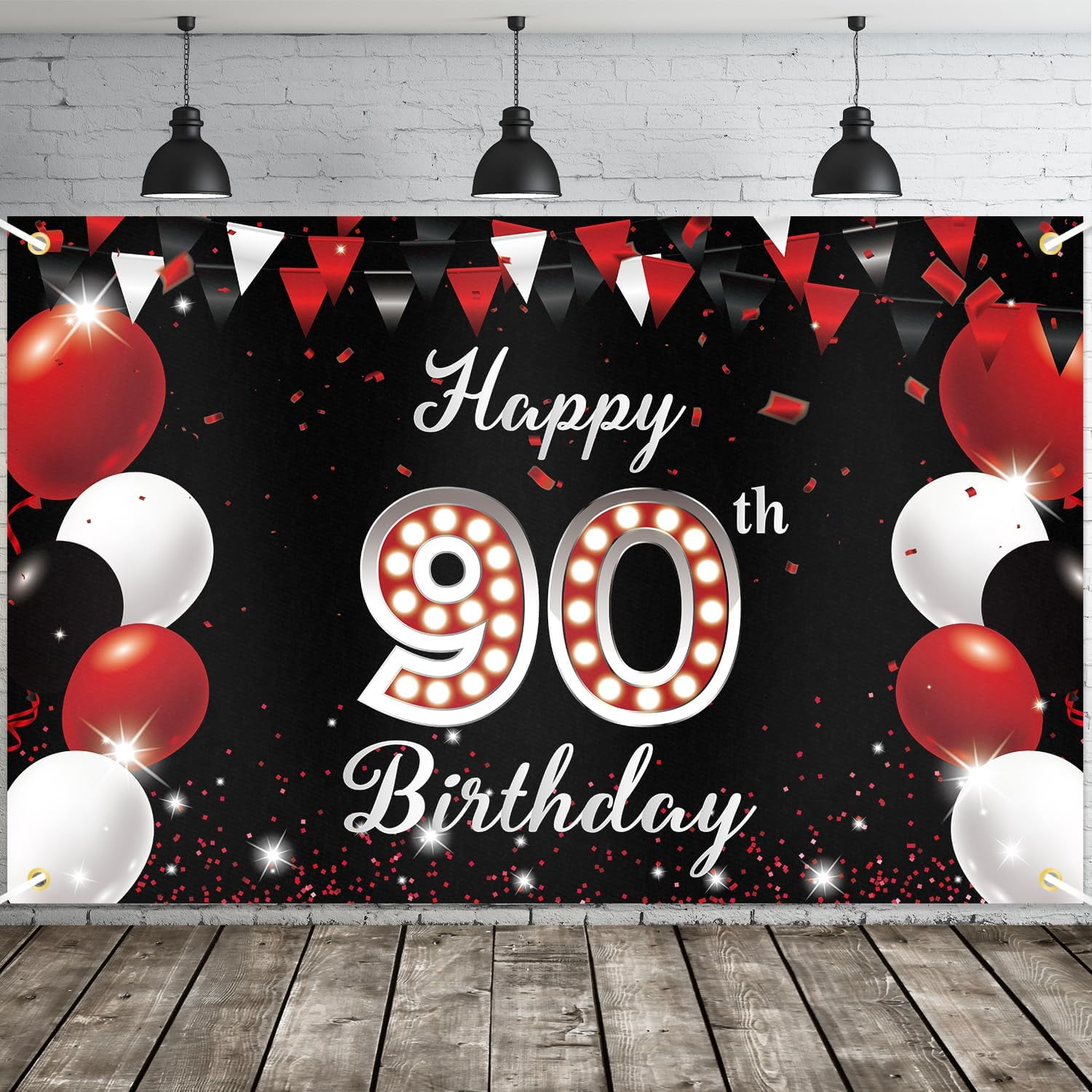 Happy 90th Birthday Banner, Red Black Happy 90th Birthday Party ...