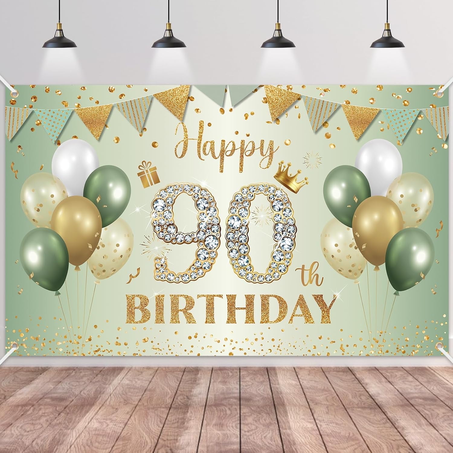 Happy 90th Birthday Banner Sage Green Gold, 90th Birthday Backdrop for ...