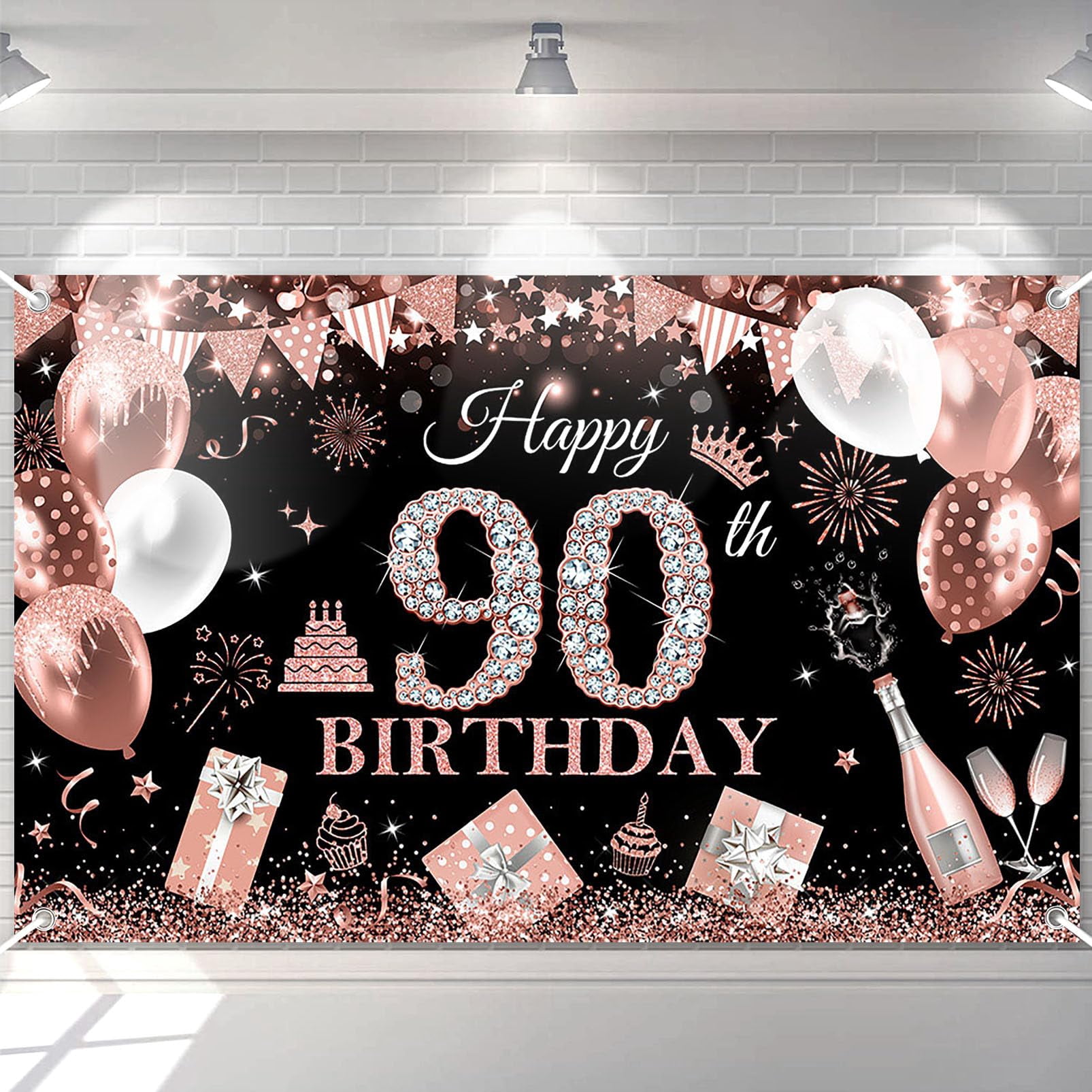 Happy 90th Birthday Banner for Women Black and Rose Gold Glitter ...