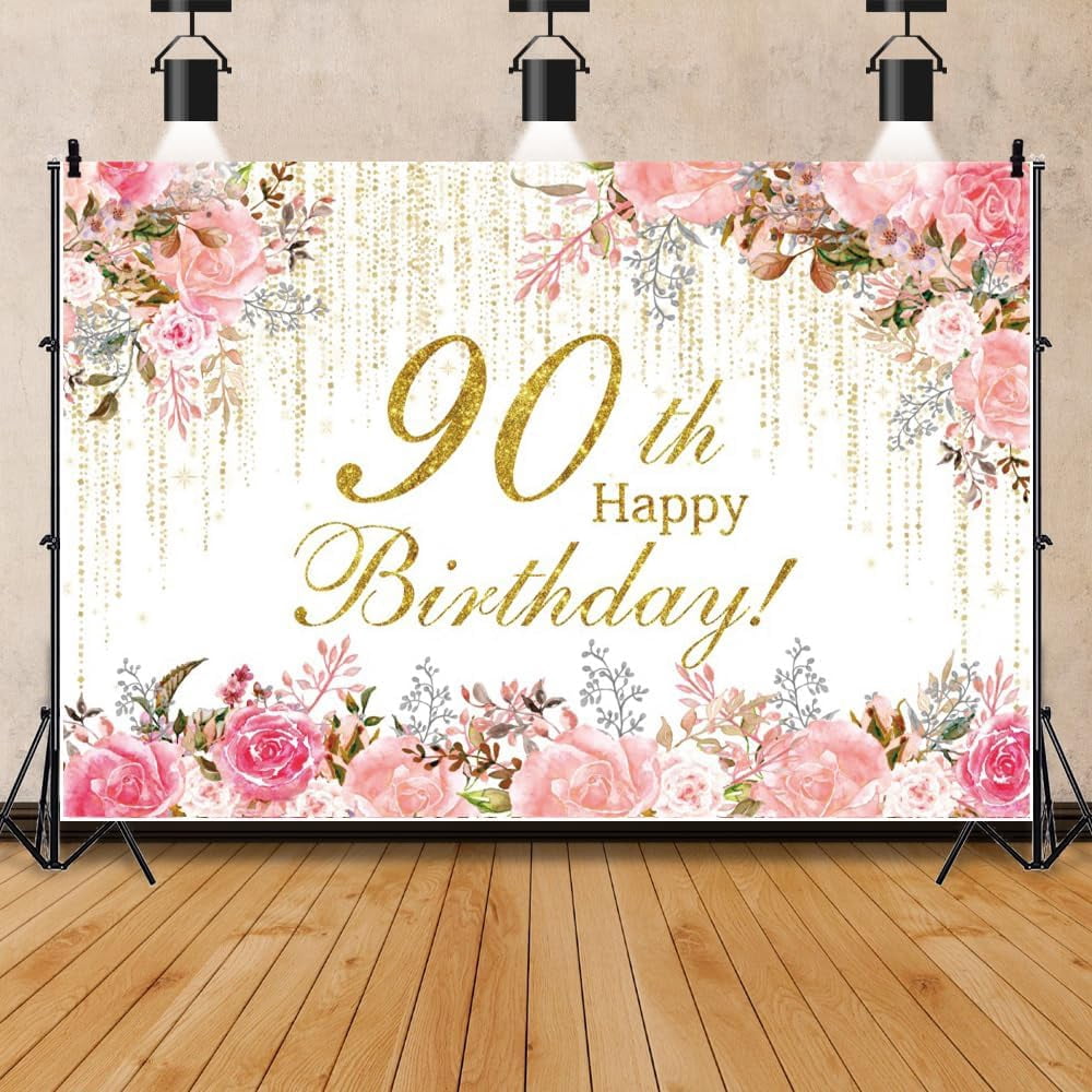 Happy 90th Birthday Beautiful Backdrop Pink Watercolor Floral Golden ...