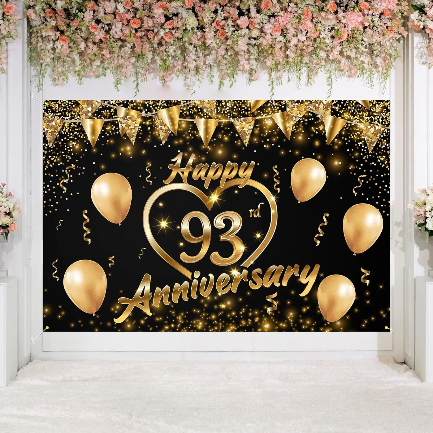Happy 93rd Anniversary Backdrop Banner Decor Black Gold Love Heart ...