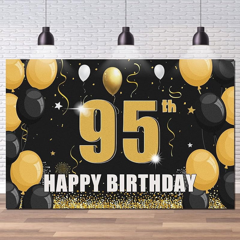 Happy 95th Birthday Backdrop Banner Black and Gold 95th Birthday Poster ...